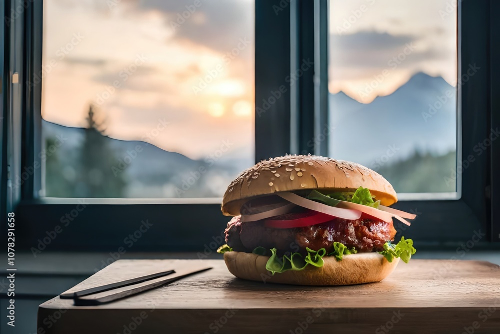 Gourmet burger photography, showcasing a perfectly assembled burger ...