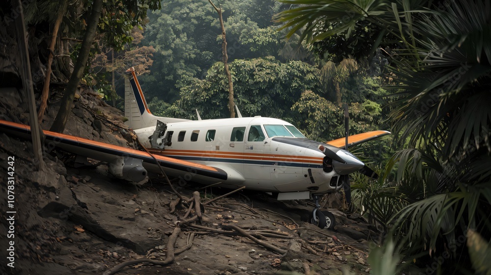 Small airplane crashed in dense jungle terrain with vegetation ...