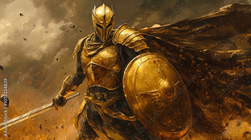 Powerful golden knight wielding sword and shield, standing amidst a ...