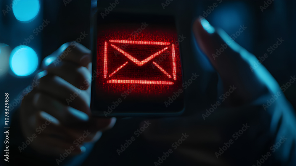 SMS spam, fake text message phishing from scammer concept. System hacked red warning alert ...