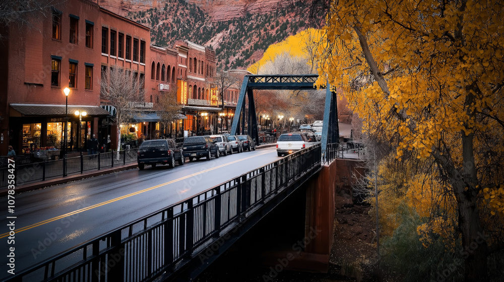 Historic small-town street scene with vintage architecture, lined with ...