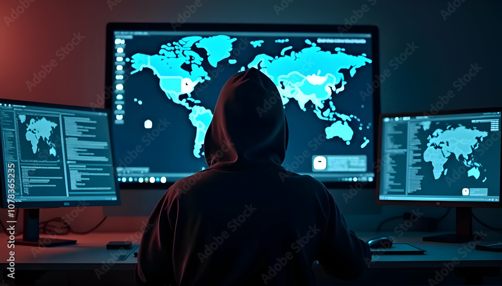A hooded figure sits in front of a computer, facing a large screen ...