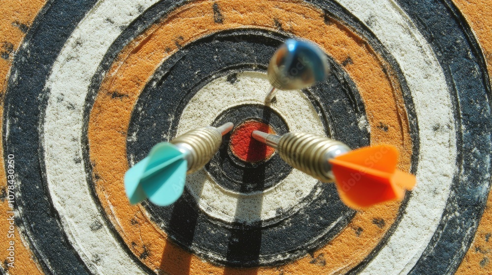 Three colorful darts in the bullseye of a dartboard, showing teamwork ...