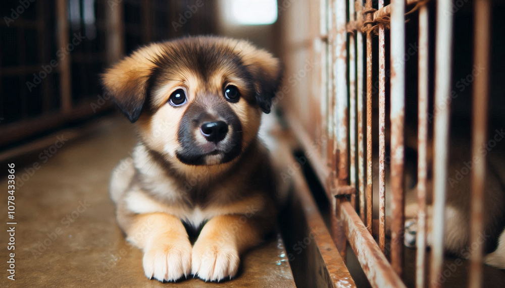 Sad-eyed puppy lies in a shelter kennel, highlighting themes of rescue ...