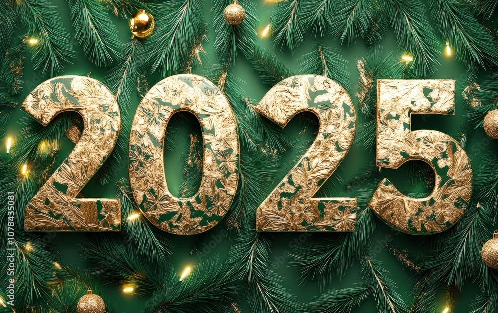 green wrapping paper with gold accents: 3D text "2025" with a holiday ...