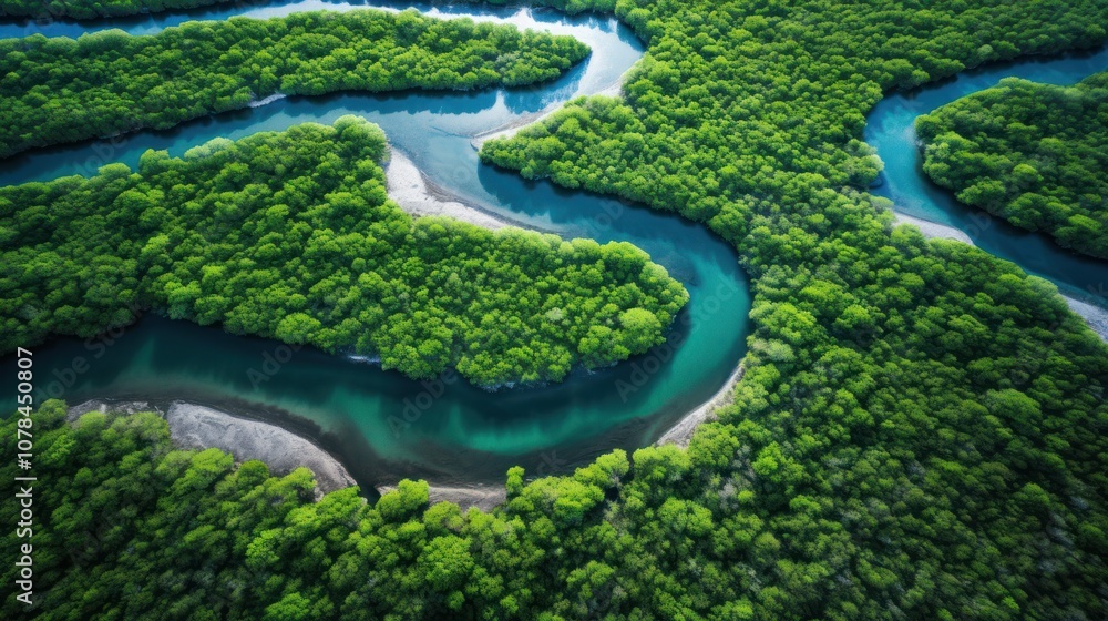 Aerial shot of a mangrove forest with its dense canopy and winding ...