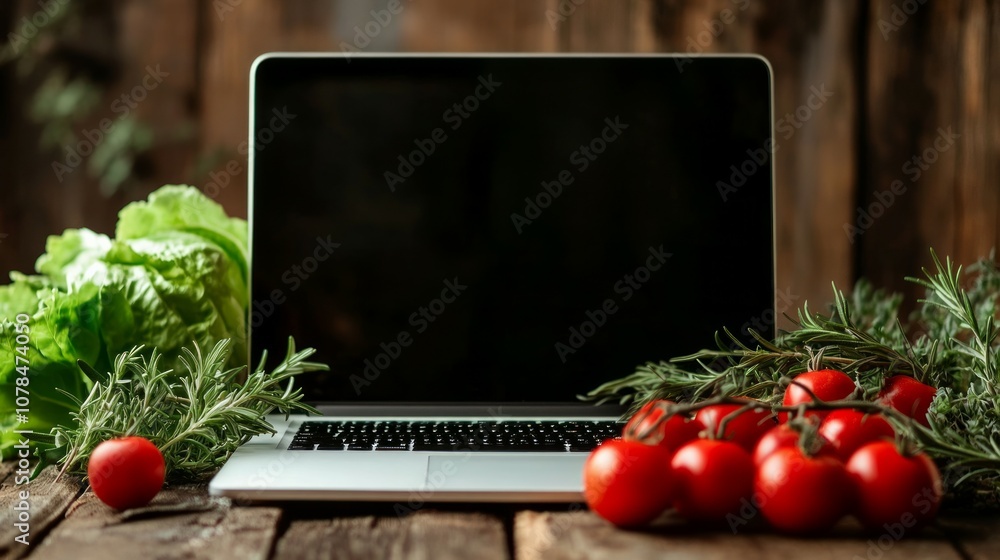 Laptop computer with mockup white screen on vegetarian healthy food ...