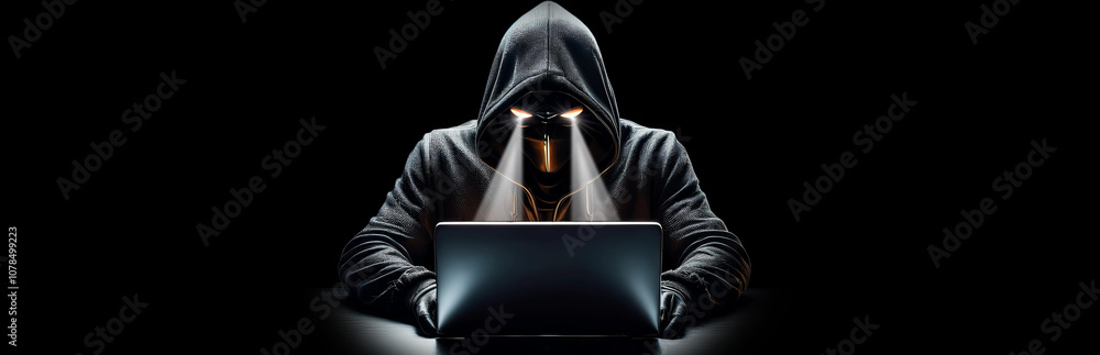 Portrait and front view of an anonymous computer hacker wearing a dark hoodie, stealing data ...