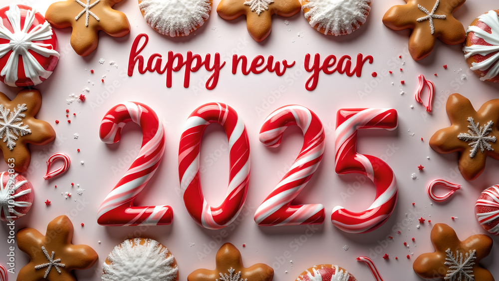 Candy cane numbers forming the year 2025 with a gingerbread cookie ...