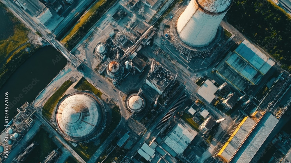 Overhead view of a nuclear power plant complex, with reactors and ...