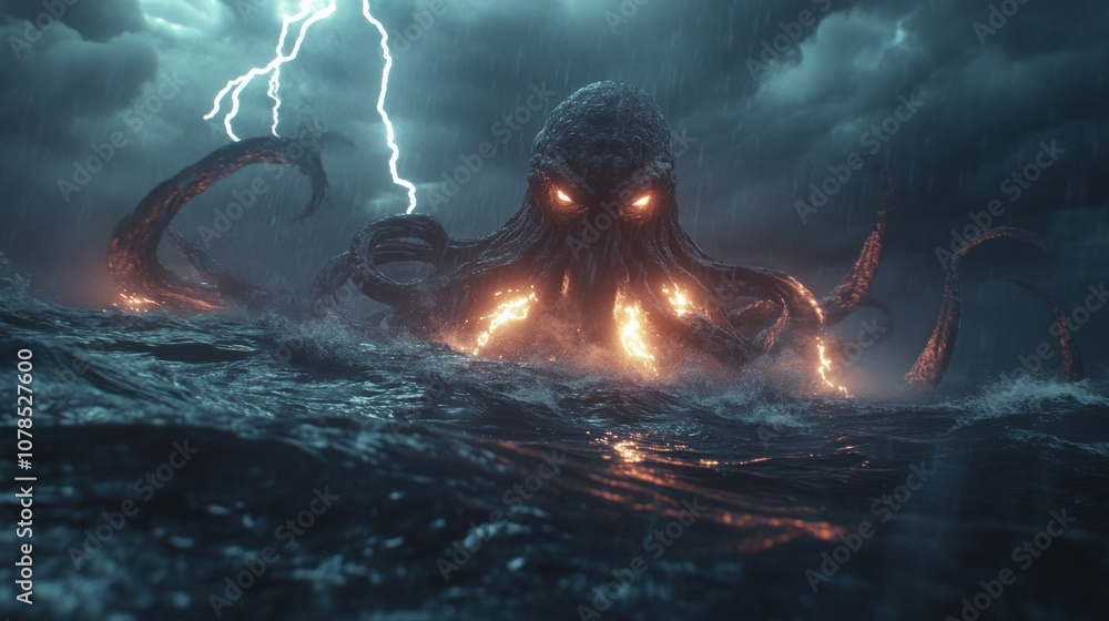 Scary Cthulhu monster that appears in the sea with storms and lightning ...