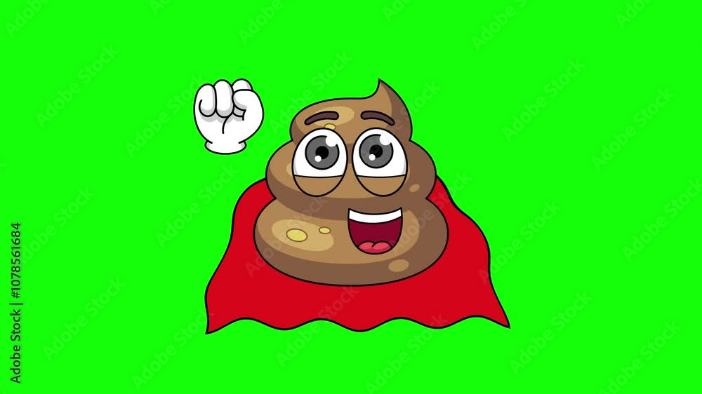 Superhero poop cartoon flying with red cape, green screen animation of ...