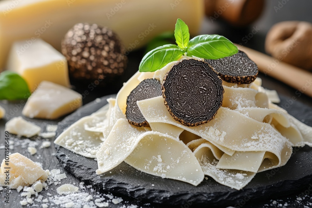 Delicate fettuccine pasta garnished with black truffle shavings and ...