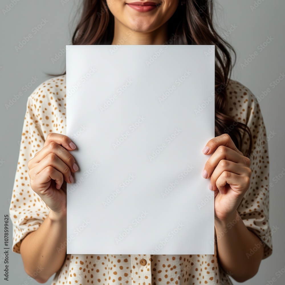 A woman with long hair wears a light polka dot shirt while holding a ...