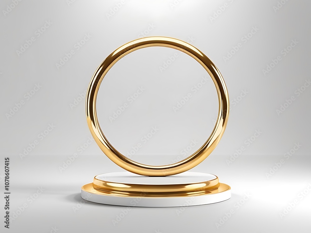 White 3d pedestal background with Golden Glass Ring Frame for cosmetic ...