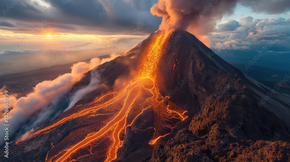 Lava flowing from a volcano after an eruption. View of a crater opening ...