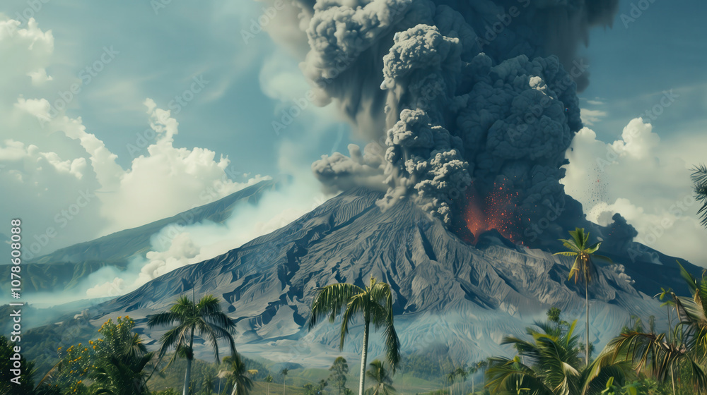 Lava flowing from a volcano after an eruption. View of a crater opening ...
