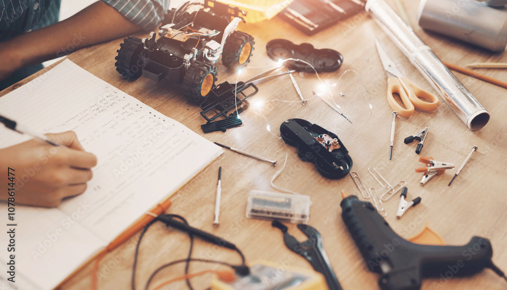 Hands, notebook and person with robotics for education with machine ...