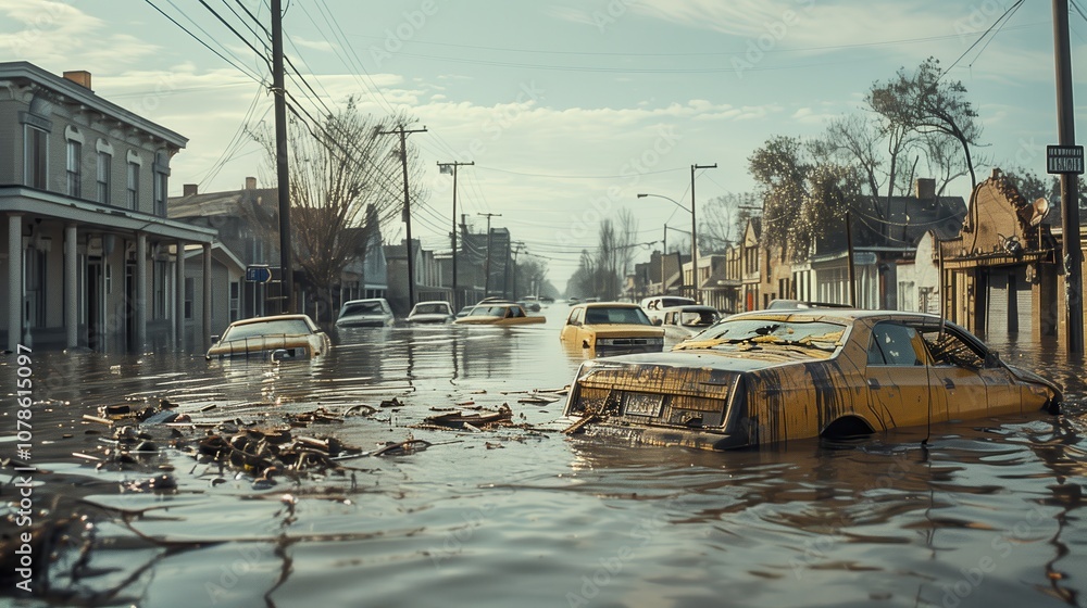 Floods. Flooding. Submerged cars on a city street. Streets, embankments ...