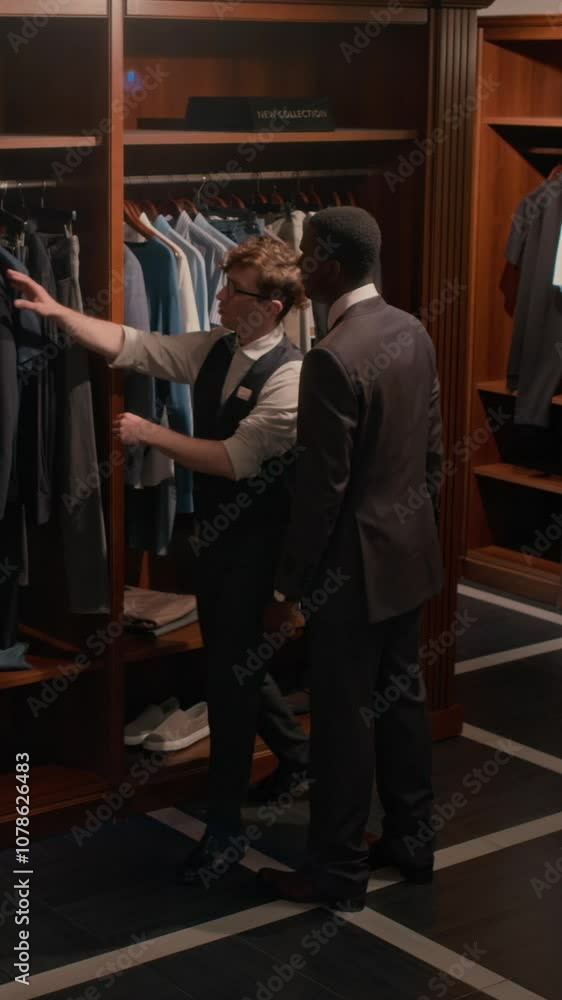 Vertical shot of Caucasian sales assistant guiding African American ...