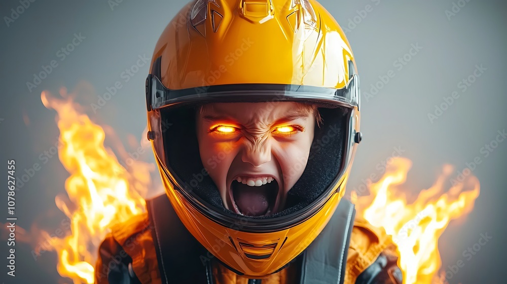 Intense Boy with Yellow Racing Helmet Displaying Fierce Emotion Amidst ...