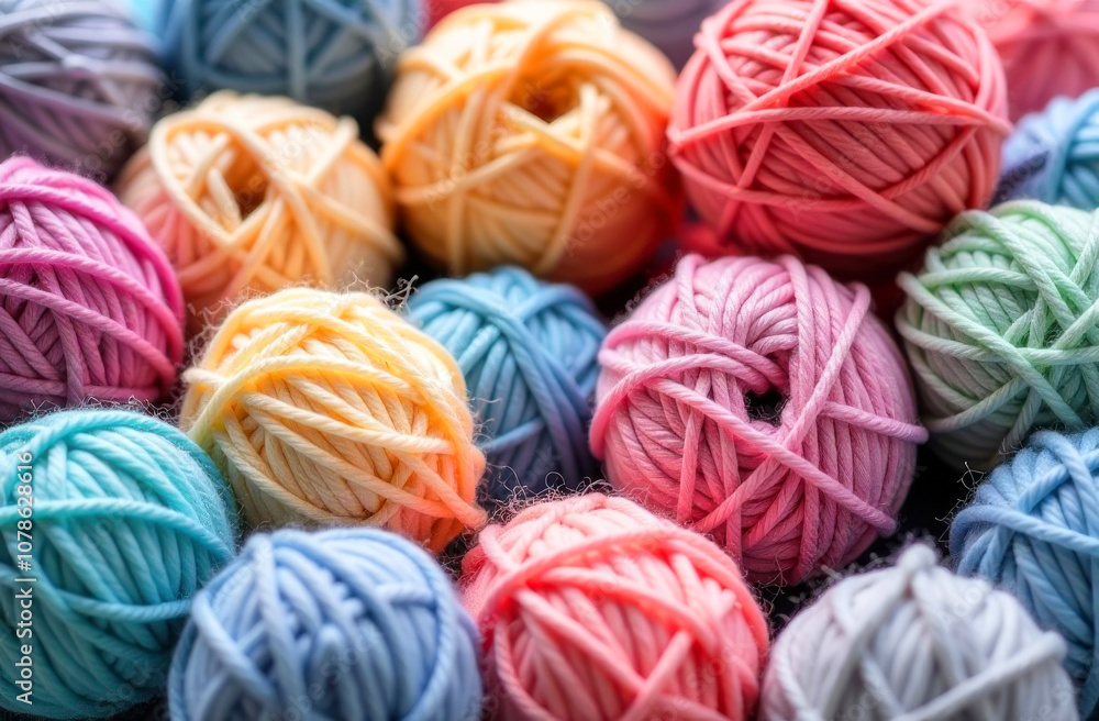 A collection of pastel-colored yarn balls neatly gathered, perfect for ...