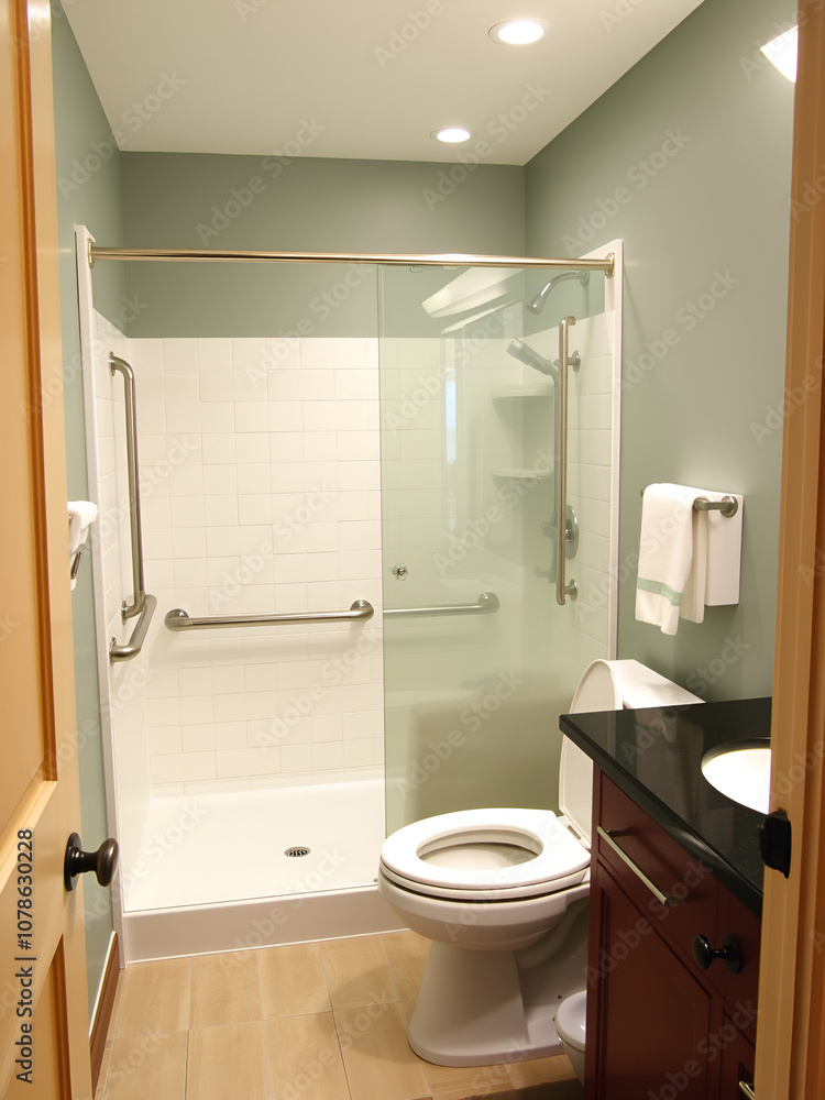 An accessible bathroom design with grab bars, a walk-in shower with a ...