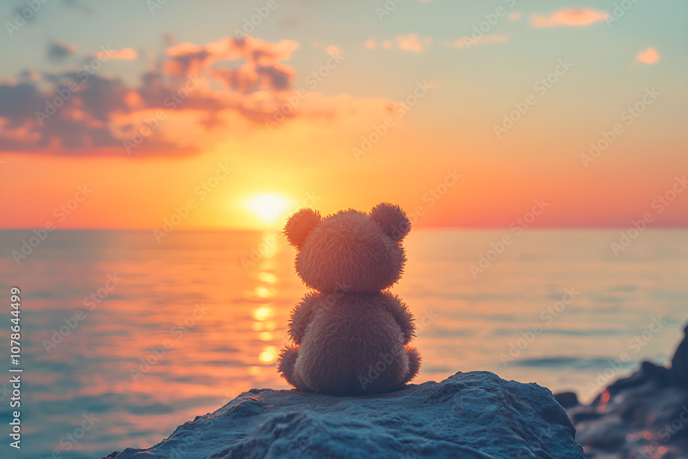 Back view of a teddy bear sitting on a stone and looking at the sea ...