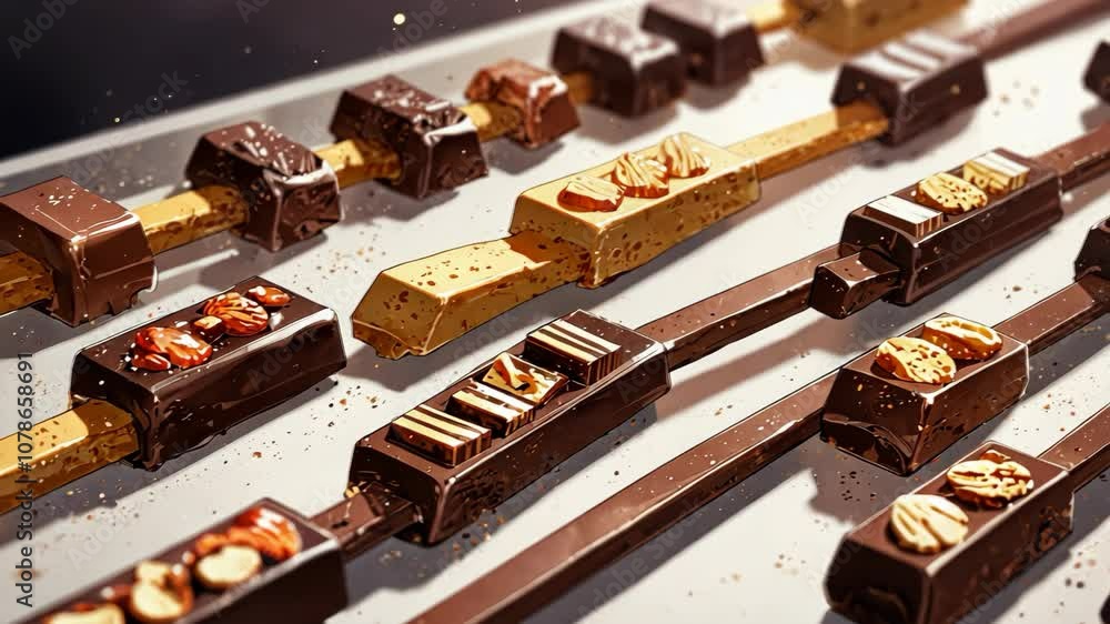 Video footage of assortment of chocolate bars with various toppings and ...