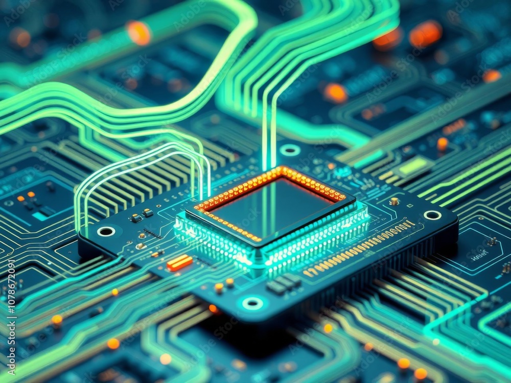Futuristic 3D render of neon orange microchip with info symbol on ...