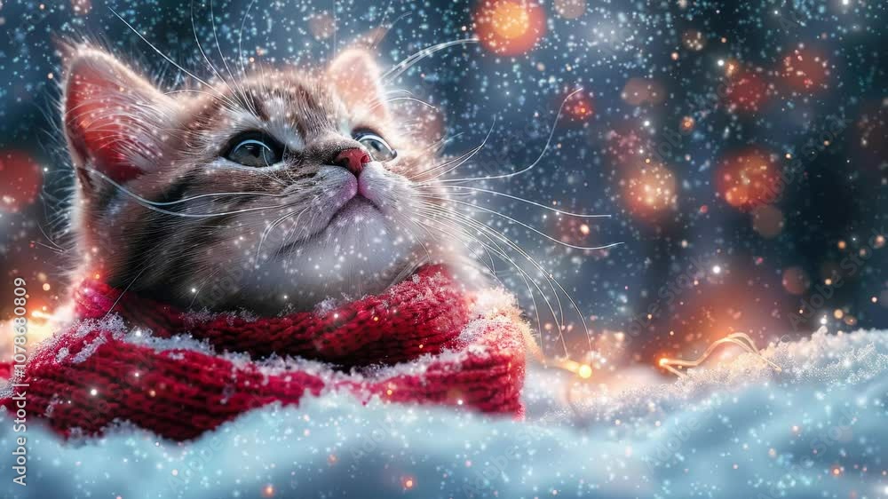 A playful kitten gazes up while surrounded by falling snowflakes and ...