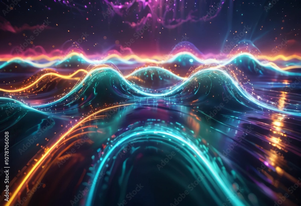 Vibrant abstract waves in neon colors flow smoothly on a dark ...