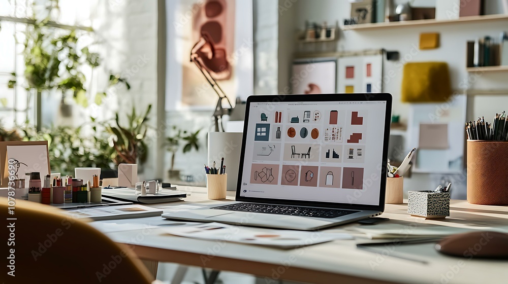 Desk setup with a laptop displaying a 3D product mockup, surrounded by ...