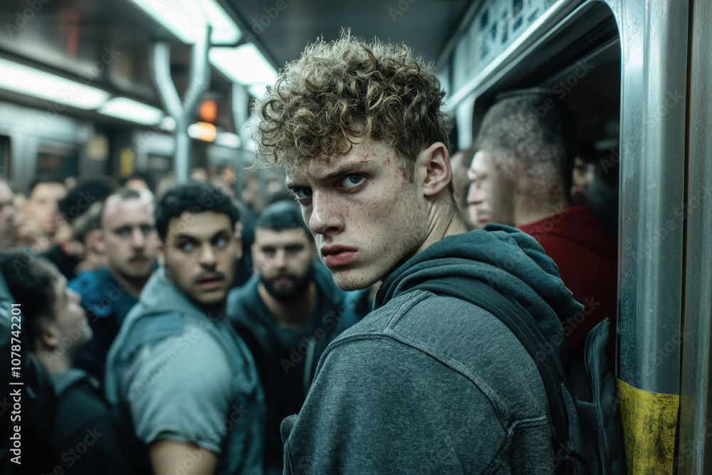 Feeling Unseen in Crowd. A tense subway scene captures a young man ...