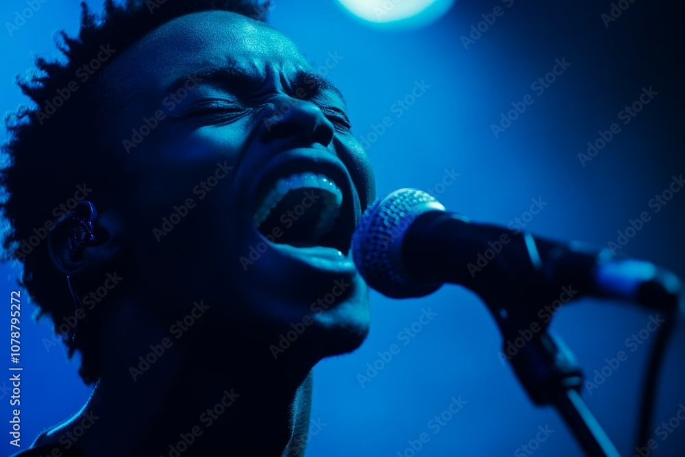 Black man passionately singing into microphone on stage Stock Photo ...