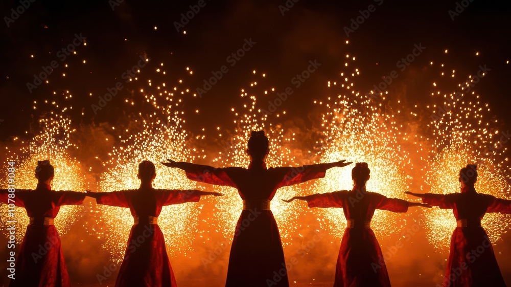 Sparkling fireworks in the night sky, traditional dance below ...