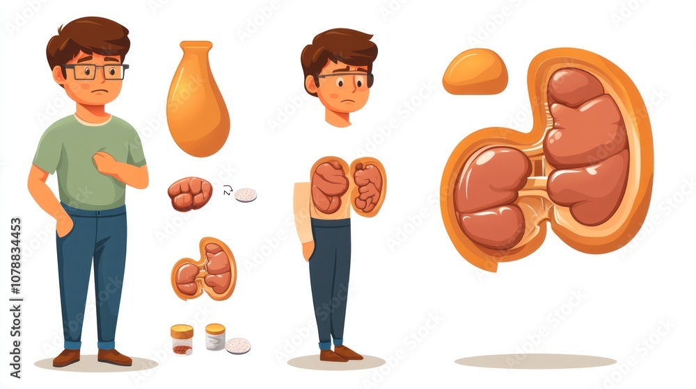 Illustration of a man with four stages of kidney health; healthy, a ...