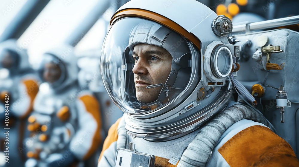 Profile view of an astronaut in a space suit helmet with a transparent ...