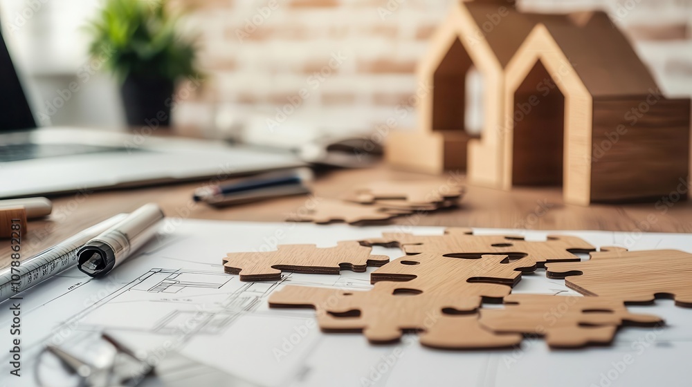 Wooden puzzle of architectural shapes, placed on a drafting table in an ...