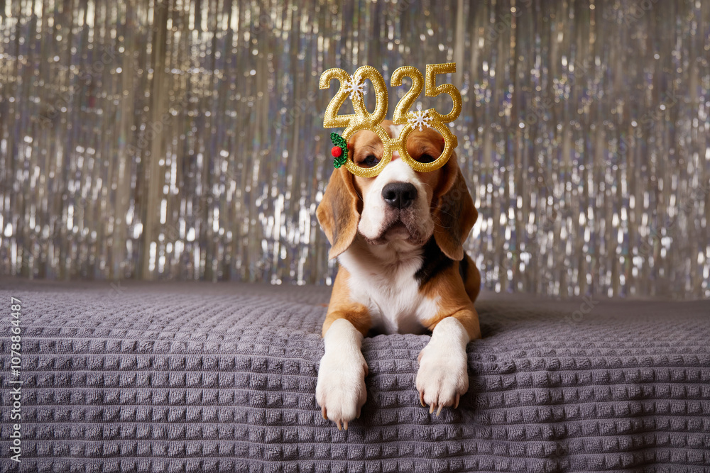 Happy New Year 2025 and Merry Christmas. A beagle dog in carnival ...