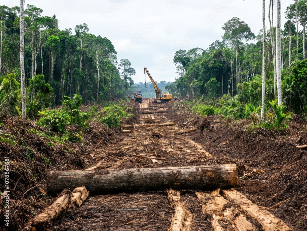 A logging site in the forest, showing felled trees and heavy machinery ...