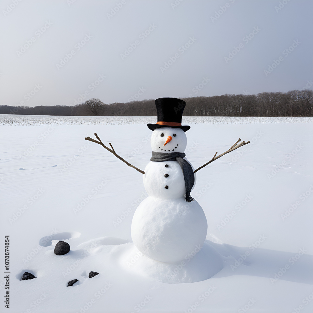 Snowman with his hat blowing off in a gust of wind, standing alone in ...