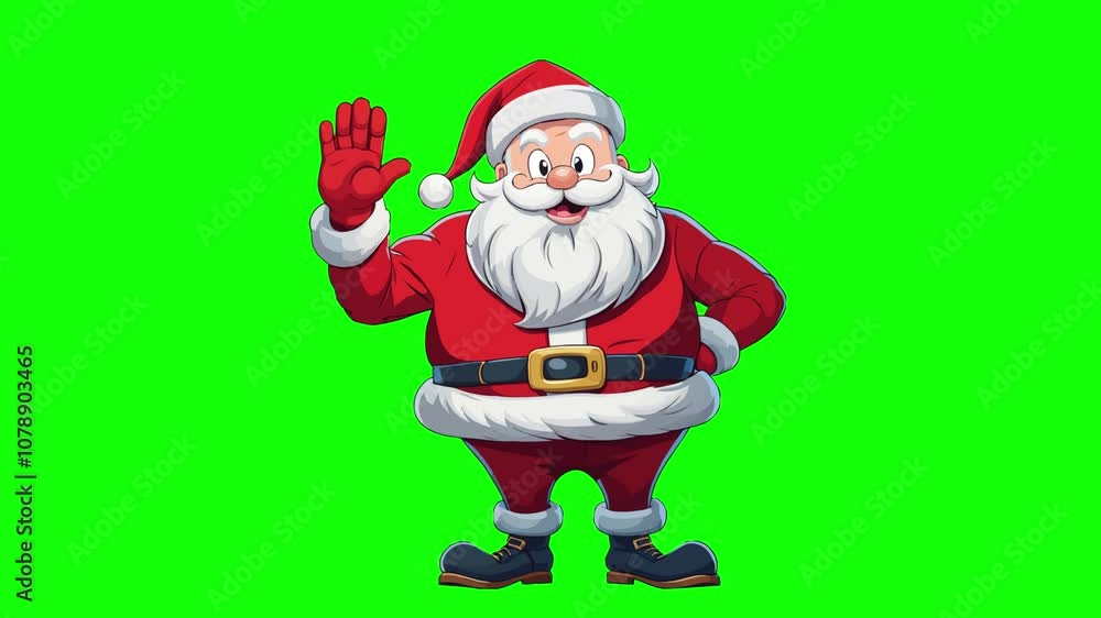 Animated character of a Santa Claus who greets the viewer and waves his ...