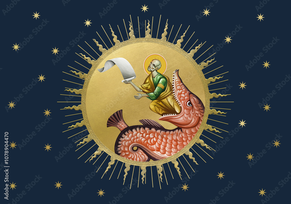 Saint Jonah and the Whale in golden sun on night starry sky background ...