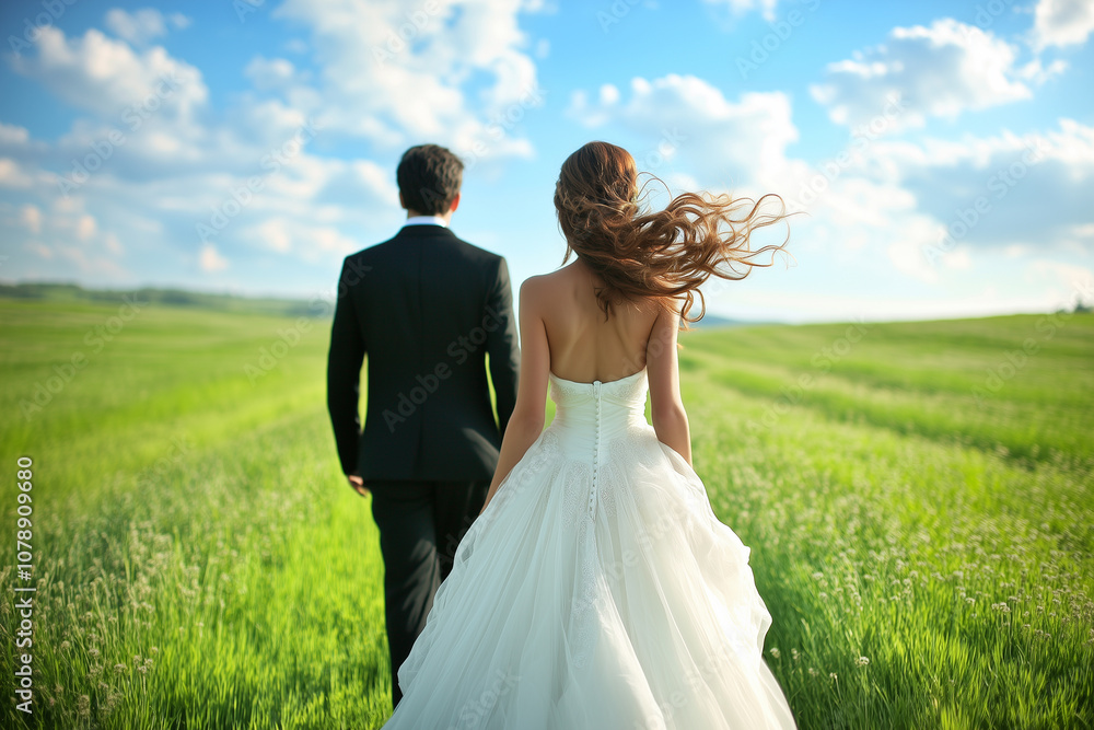 back view, Beautiful wedding photo, bride and groom wearing wedding ...