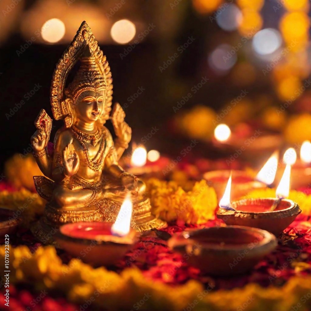 Celebratory Puja: A close-up photo of a decorated altar for Diwali puja ...