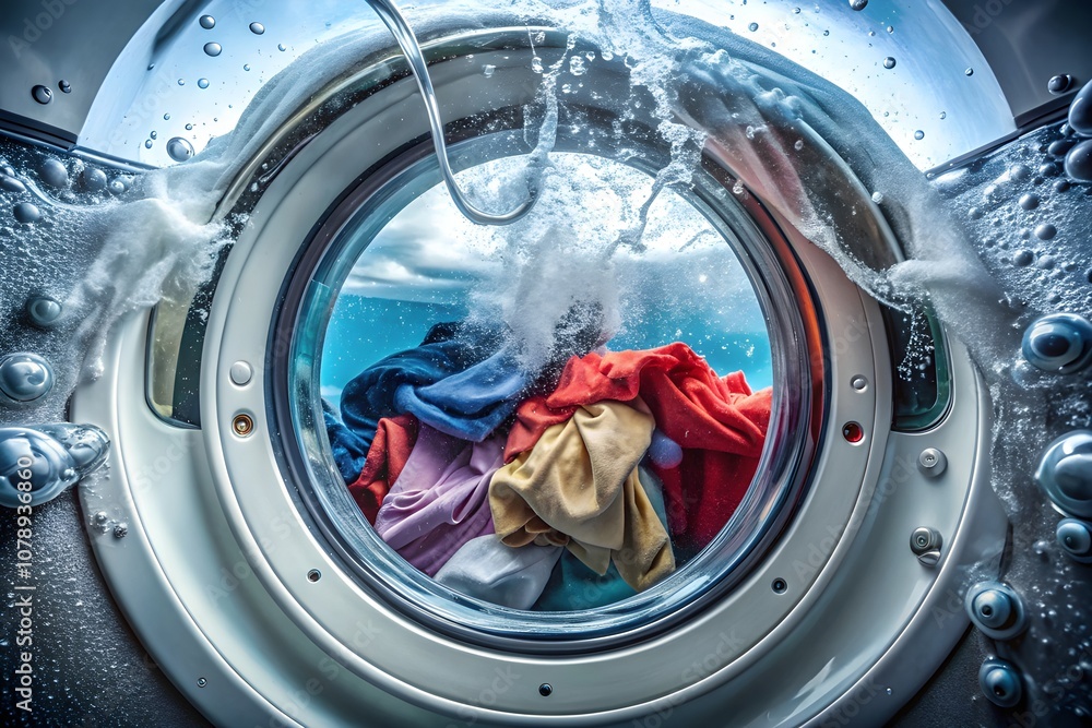 Clothes spinning in washing machine with water splash, laundry in ...