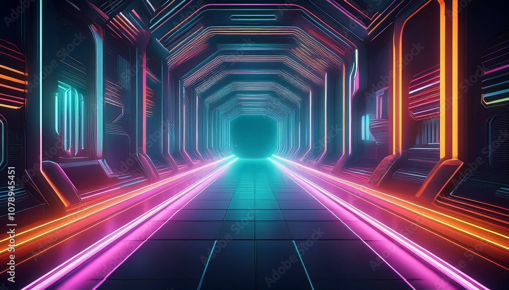 futuristic neon infused corridor with vibrant lighting geometric shapes ...
