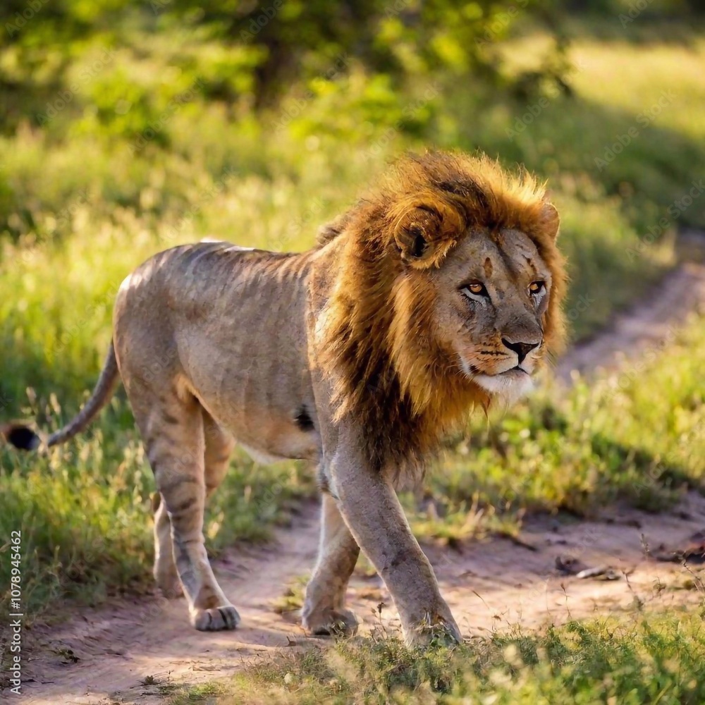 A macro photo of a lion crossing a sunlit savanna, deep focus on its ...