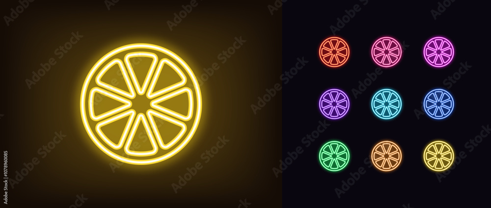 Outline neon lemon slice icon set. Glowing neon half lemon fruit, lime ...